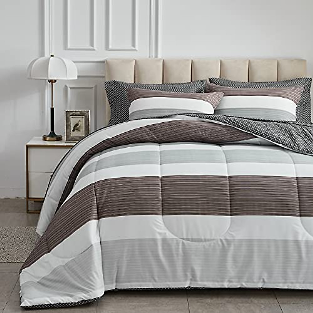 Joyreap 7 Piece Bed in a Bag Full/Queen, Light Gray n Brown Stripes Design, Soft Microfiber Comforter Set for All Season (1 Comforter, 2 Pillow Shams, 1 Flat Sheet, 1 Fitted Sheet, 2 Pillowcases)