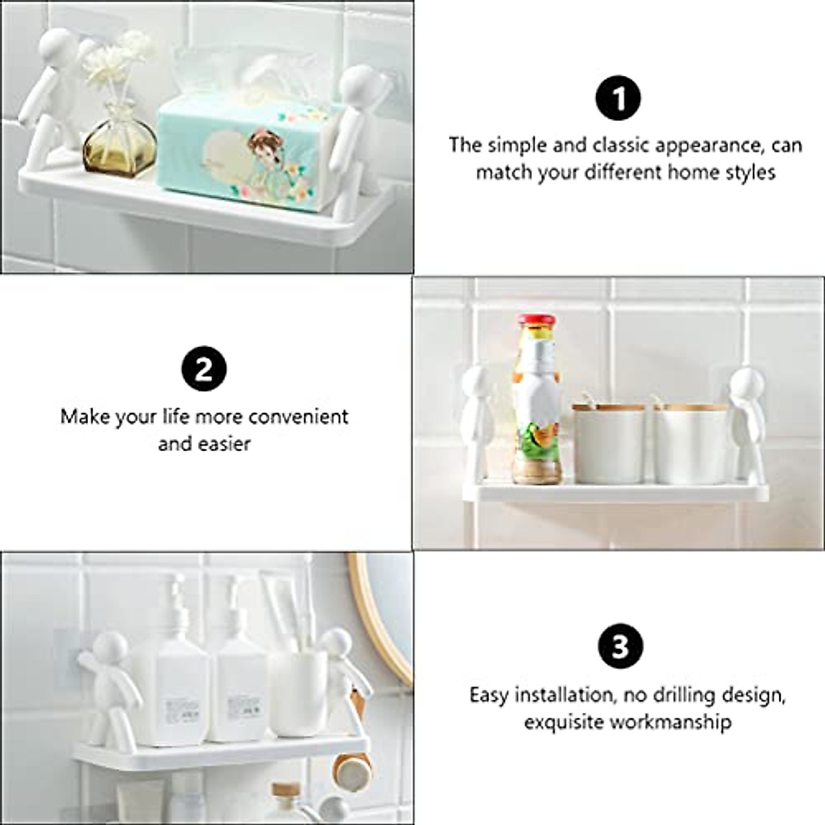 DOITOOL 2pcs Floating Shelves Wall Mounted Figure Ledge Display Plastic Wall Shelf Stick On Damage Free Removable Hanging Rack Wall Decor for Kitchen Bathroom Living Room