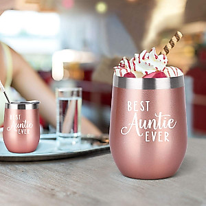 Gingprous Best Auntie Ever Wine Tumbler Wine Socks Set, Funny Auntie Gift for Aunt for Mother’s Day Birthday Christmas, 12Oz Stainless Steel Wine Tumbler with Lid and Socks, Opener, Stopper, Rose Gold