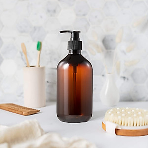 6 Pack Plastic Pump Bottles Dispenser, 16oz/500ml Empty Cylinder Shampoo Soap Dispenser, Refillable Containers with Extra Sprayer Pump Labels for Body Wash, Lotion, Gel(Amber)