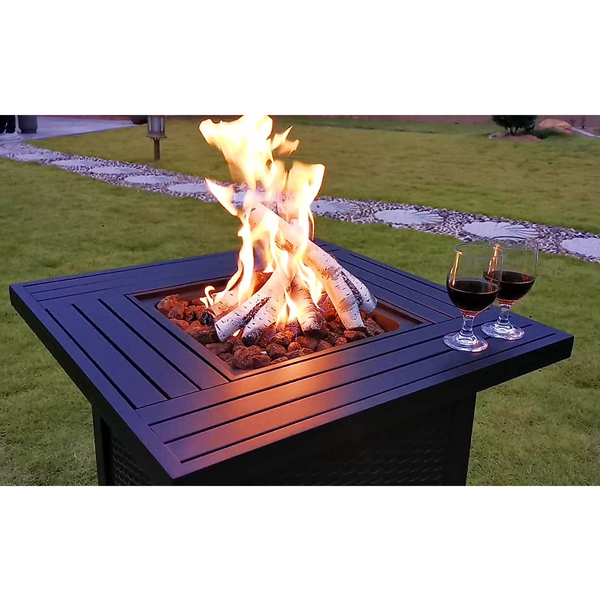 Uniflasy 18 Inch Square Drop-in Fire Pit Pan with 12" Round Burner Ring, 165k BTU Stainless Steel Fire Pit Pan with Spark Ignition and Propane Hose Kit for Indoor or Outdoor Fire Table/Fire Pit