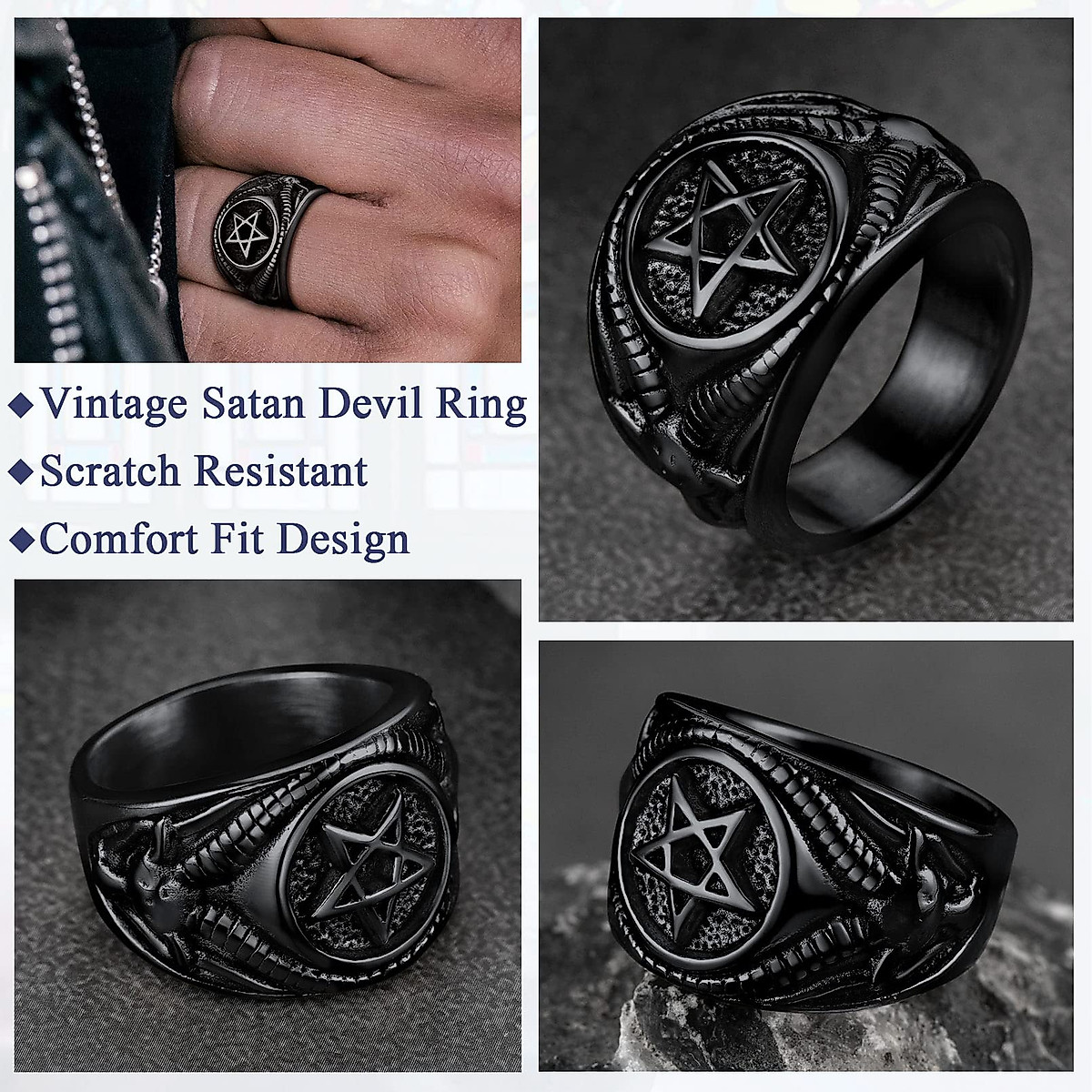 Baphomet Goat Biker Signet Rings Women Black Stainless Steel Satan Inverted Pentacle Pinky Finger Jewelry
