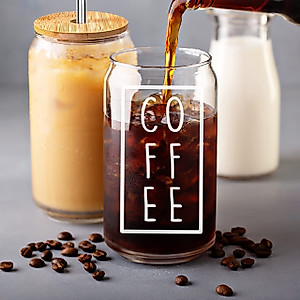 16 oz Iced Coffee Cup with Bamboo Lids and Straws | Mason Jar Cups & Iced Coffee Tumbler with Lid and Straw | Glass Cups for Iced Coffee, Boba Cup | Beer Can Glass & Smoothie Cup - Coffee