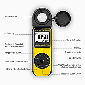 BTMETER BT-881D Digital Illuminance Light Meter, Measure Lights 0.01~400,000 Lux (0.01~40,000 FC) Foot Candles Luxmeter with 270º Rotated Sensor for Plants LED Lights Indoor Outdoor Light Tester