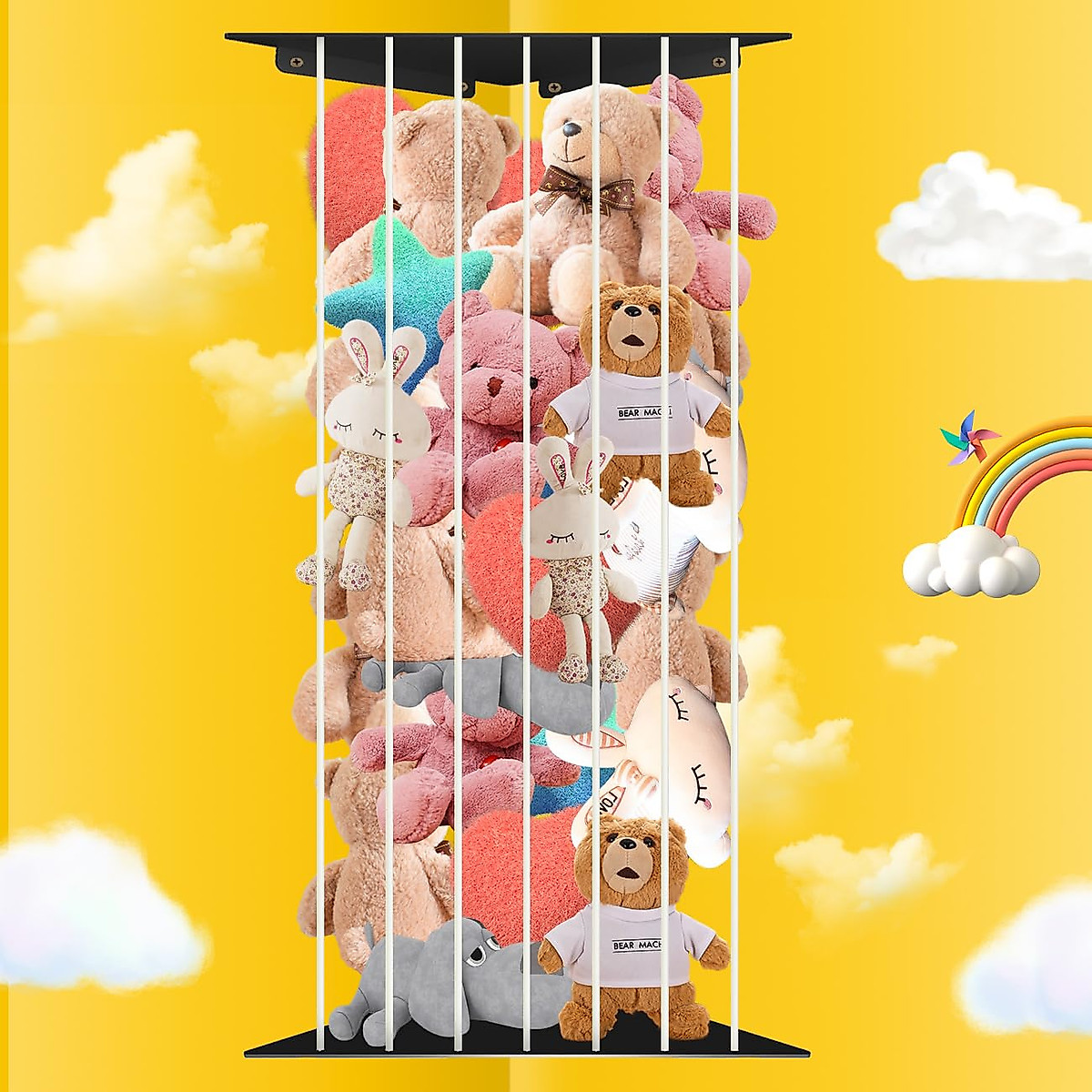 Cyfromt Toy Storage Organizer Corner Stuffed Animal Plush Toy Storage Kids Room Holder with Length Adjustable Large Toys Wall Hanging Shelf for Nursery Playroom Bedroom Sturdy Metal Black