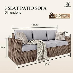 HERA'S HOUSE Wicker Patio Sofa, 3-Seat Heavy Duty Outdoor Couch, Deep Seat High Back with Thick Cushions, All Weather Furniture for Lawn Garden Backyard