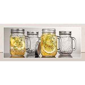 Glaver's Mason Jar Cups 16Oz – Set of 4 Mason Jars with Lids and Handles – Hammered Style Large Mason Cups for Parties, Dinner, Home, Lemonade, Smoothies, Cocktails, Drinks - Dishwasher Safe.