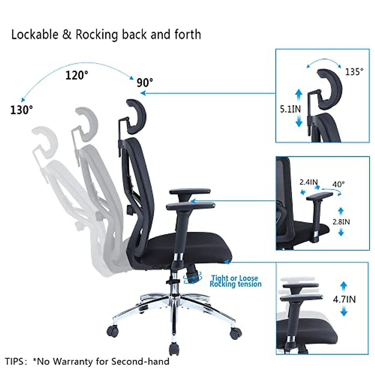Ticova Ergonomic Office Chair - High Back Desk Chair with Adjustable Lumbar Support & 3D Metal Armrest - 130°Reclining & Rocking Mesh Computer Chair with Thick Seat Cushion & Rotatable Headrest