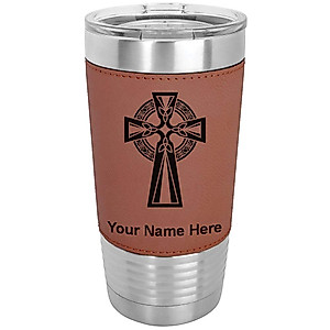 LaserGram 20oz Vacuum Insulated Tumbler Mug, Celtic Cross, Personalized Engraving Included (Faux Leather, Dark Brown)