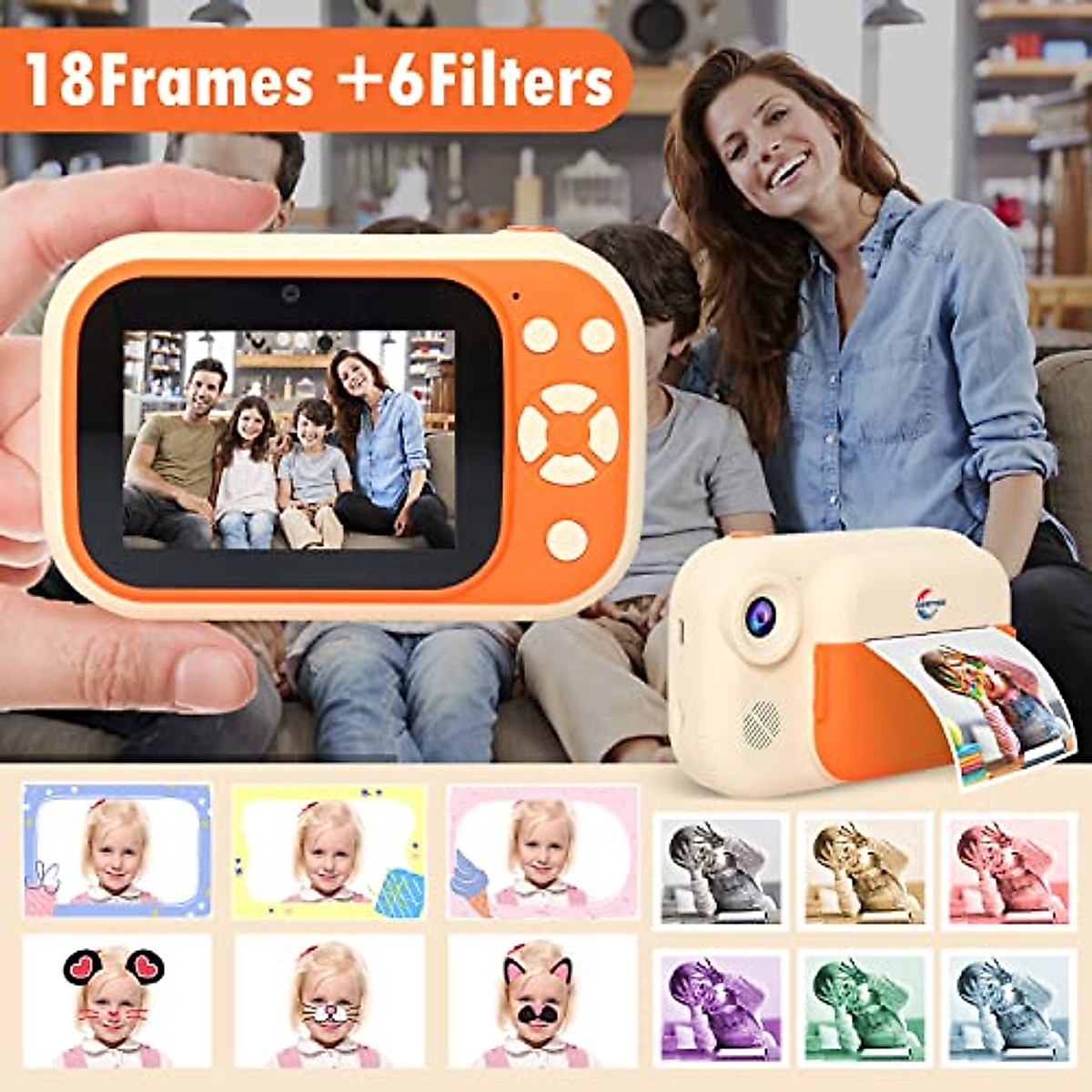 Seemee Instant Print Camera for Kids, Funny Selfie Camera, Kids Digital Camera with 3.5" Screen, 32G Card, Print Papers, Stickers, Dual Cameras HD 1080P, Birthday Gifts Toys for Boys Girls (Beige)