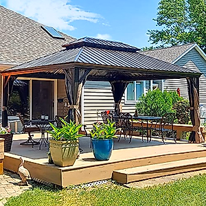 12' x 14' Hardtop Gazebo Outdoor Aluminum Gazebos with Galvanized Steel Double Canopy for Patios Deck Backyard,Curtains&Netting by domi outdoor living