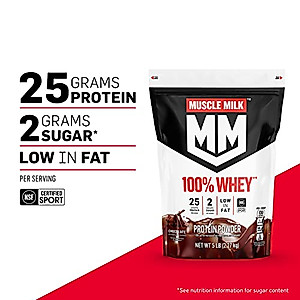 Muscle Milk 100% Whey Protein Powder, Chocolate, 5 Pound, 66 Servings, 25g Protein, 2g Sugar, Low in Fat, NSF Certified for Sport, Energizing Snack, Workout Recovery, Packaging May Vary