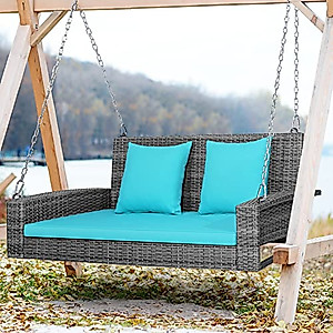 Tangkula 2 Person Wicker Hanging Porch Swing, Patiojoy Outdoor Rattan Swing with Soft Cushions and 2 Rustproof Steel Chains, 800 LBS Patio Swing Bench for Balcony, Garden and Yard (Turquoise)