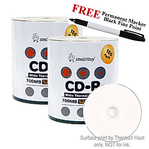 Smartbuy 200-disc 700mb/80min 52x CD-R White Thermal Hub Printable Blank Media Disc + Black Permanent Marker