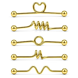 Ruifan 5PCS Industrial Barbell Earring Stainless Steel 14 Gauge Cartilage Earring Body Piercing 1 1/2 Inch(38mm)- Coil, Wave, Twister, Spiral,Heart(Gold)
