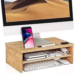 Well Weng Desk Monitor Riser Stand with Storage Organizer 2 Shelves for Computer, iMac, Printer, Laptop