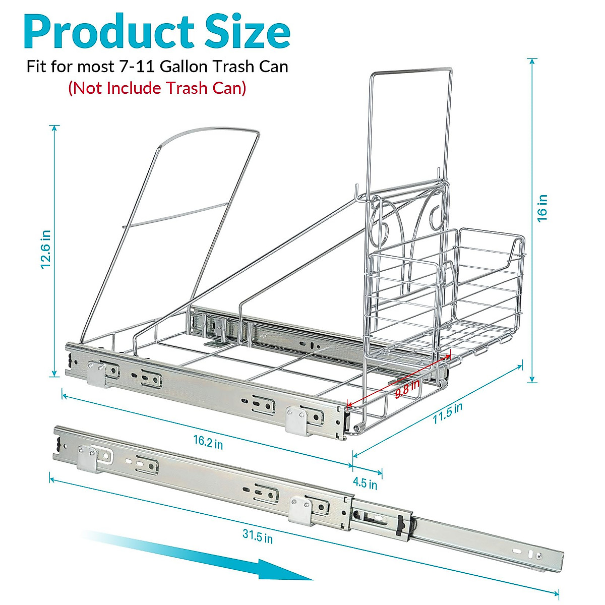 MUMUKE Pull Out Trash Can Under Cabinet Slider Shelf with Removable Front Basket for Kitchen Under Sink Trash Can Fit for Most 7-11 Gallon Garbage (Waste Bin Not Included)