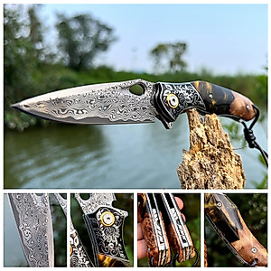 Minowe handmade Japan Damascus steel pocket knife，3.1" VG10 blade men and women Folding knife，With holster，Lining lock，resin and Maple handle，Suitable for EDC outdoor camping，go fishing hunting