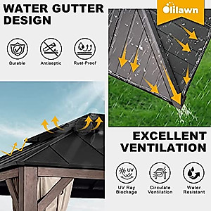 12' x 14' Gazebo, Outdoor Hardtop Gazebo with Wood Finish Aluminum Frame, Galvanized Steel Double Top Gazebo with Ventilation, All-Weather Metal Gazebo with Netting and Curtains, for Patios Gardens