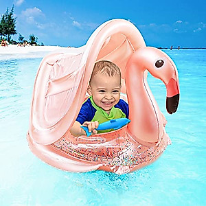 Ekoropshop Baby Pool Float with Canopy Inflatable Flamingo Swimming Pool Float Swimming Ring with Safety Seat for Kid 4-48 Months
