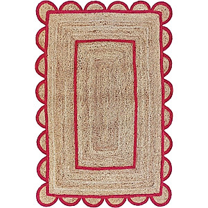 BUNDELA EXPORTS Scalloped Jute Area Rug, Floor Farmhouse Rug Natural Braided Reversible Boho Eco Large 2x12 Ft Runner Rug (RED)