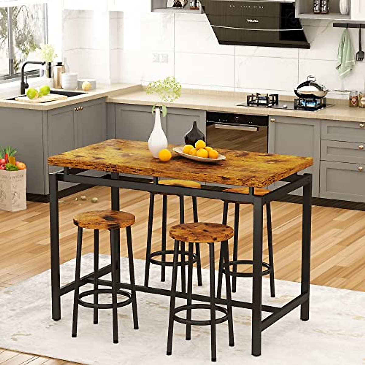 AWQM Bar Table and Chairs Set Industrial Counter Height Pub Table with 4 Chairs Bar Table Set 5 Pieces Dining Table Set Home Kitchen Breakfast Table, Black and Industrial Brown