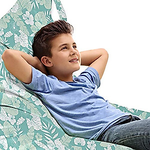 Lunarable Flower Lounger Chair Bag, Hawaiian Floral Themed Tropical Hibiscus and Exotic Leaves, High Capacity Storage with Handle Container, Lounger Size, Pale Teal Pale Green