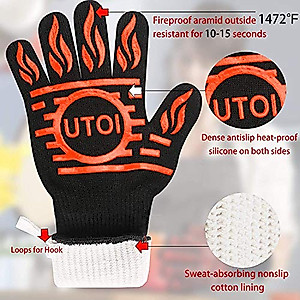 UTOI BBQ Grill Gloves, 1472°F Heat Resistant Barbecue Gloves Oven Mitts for Kitchen Garden BBQ Grilling and Outdoor Cooking Campfire, EN407 Certified, 1 Pair 13 inch Long Extra Forearm Protection