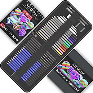 AITUSHA 42-Piece Drawing and Sketching Kit: Comprehensive Art Set for Artists, Watercolor Pencils, Sketch Kit, 50-Page Sketchbook, Black Zipper Case