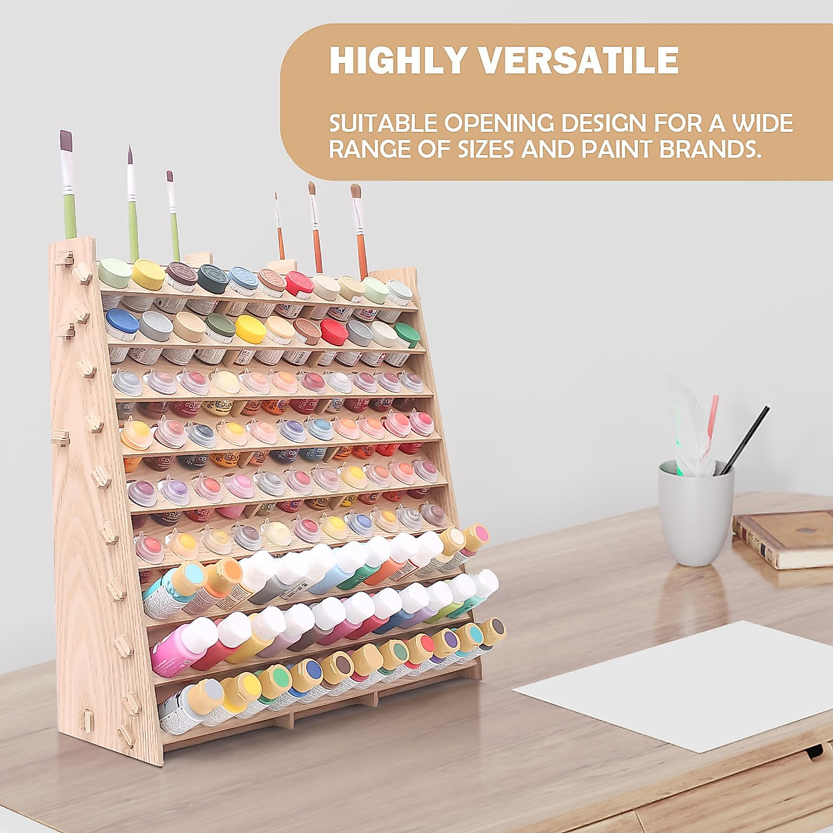 ARFETIGO Extra Large Wooden 9-Tiers 99 Bottles' Capacity Wooden Paint Organizer & Paint Brush Rack for Acrylic OIL Craft Hobby Mini Model Paint Paint Station Painting Organizer for Artists(Vertical)