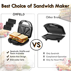 ORFELD Sandwich Maker, Waffle Maker, Panini Press Grill 3 in 1, with Non-Stick Removable Plates, Fast and Even Heating, Portable Handle, LED Indicator Lights, for Breakfast and Christmas Gift, Silver