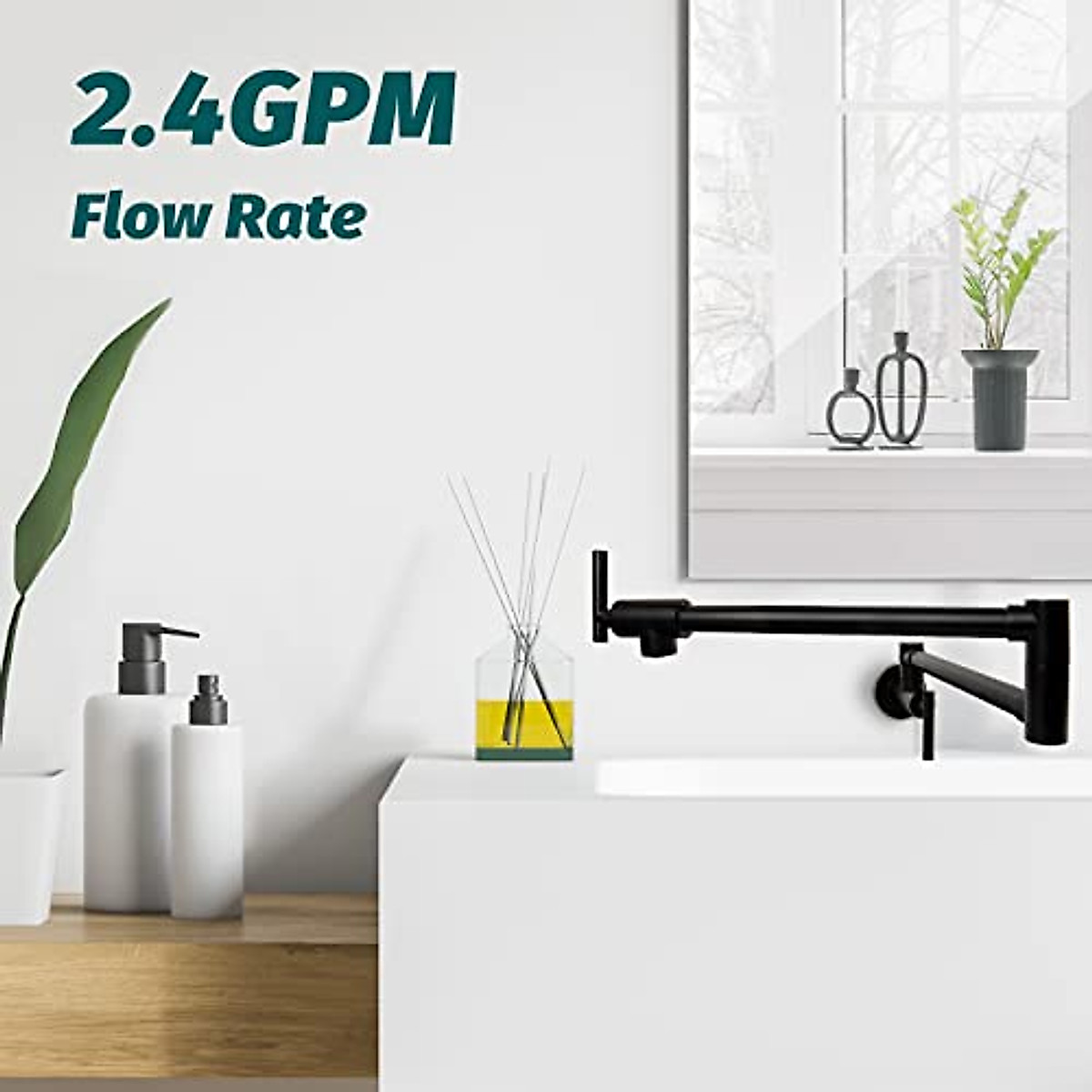 Pot Filler Faucet, Solid Brass Commercial Pot Filler Wall Mount Kitchen Stove Faucet Folding Restaurant Sink Faucet with Joint Swing Arm & Handles (Black)