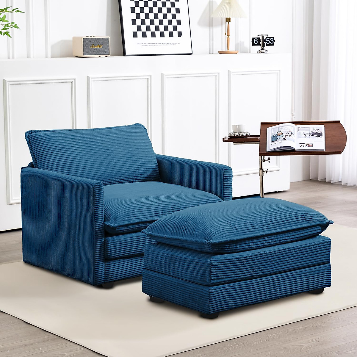 ROWHY Single Armchair with Ottoman, Modern Corduroy Cloud Couch with Convertible Chaise, Upholstered Sofa Set for Living Room and Office, Blue