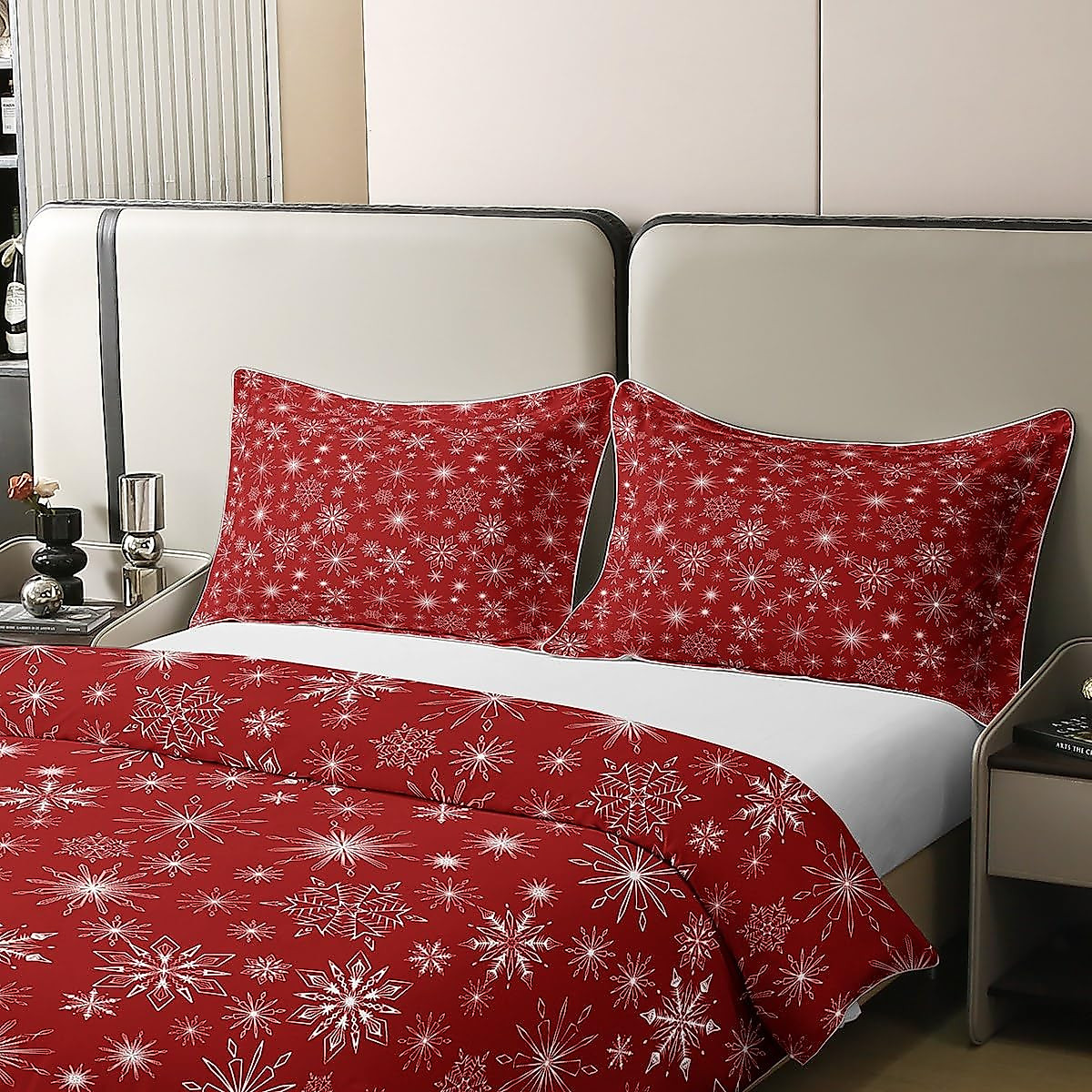 100% Cotton Red Christmas Duvet Cover King Girly Romantic Snowflake Bedding Set Princess Winter Comforter Cover Girls Modern Style Quilt Cover Bedroom Decor Red Floral Bed Set with 2 Pillow Cases