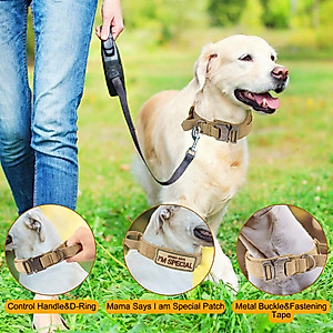 KCUCOP Tactical Dog Collar with Handle,Adjustable Military Dog Collar with Metal Buckle and Patches,Heavy Duty Dog Collars for Medium and Large Dogs (Brown-L)