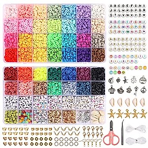QUEFE 10500pcs, 42 Colors Clay Beads for Bracelet Making with Letter Smiley Face Peace Beads Different Charms Pendants, Polymer Heishi Beads Kit with Elastic Strings for DIY Craft Jewelry
