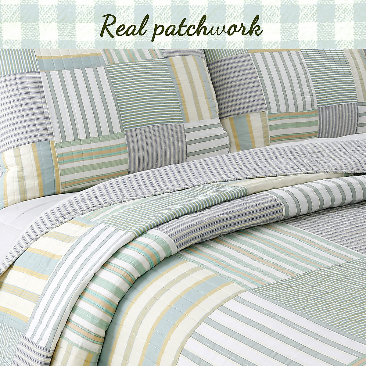 Cozy Line Home Fashions Green Yellow Blue Plaid Striped Real Patchwork 100% Cotton, Reversible Coverlet, Bedspread, Quilt Bedding Set (Green Patchwork, Twin - 2 Piece)
