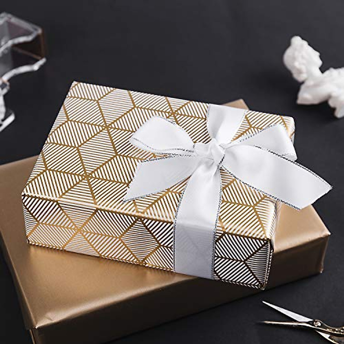 WRAPAHOLIC Wrapping Paper Roll - Gold and Navy Print with Cut Lines for Birthday, Holiday, Father's Day, Baby Shower - 4 Rolls - 30 inch X 120 inch Per Roll