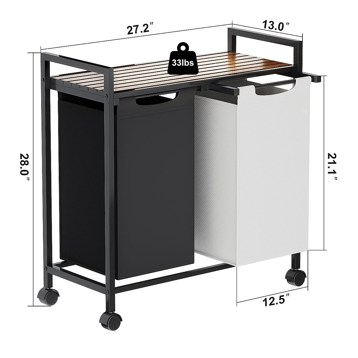 ZERDER Laundry Hamper, Black and White 2 x 50L Laundry Baskets with Top Shelf and 4 Universal Casters, Removable Laundry Sorter Bags, Clothes Hamper for Laundry Room, Bathroom