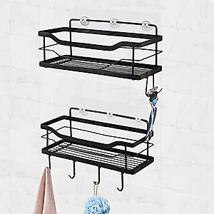 Shower Shelf Inside Shower Shower, Stylish Adhesive Shower Organizer Caddy Hanging +6 Movable Hooks, Stainless Steel No Drilling -Black, 2 Pack