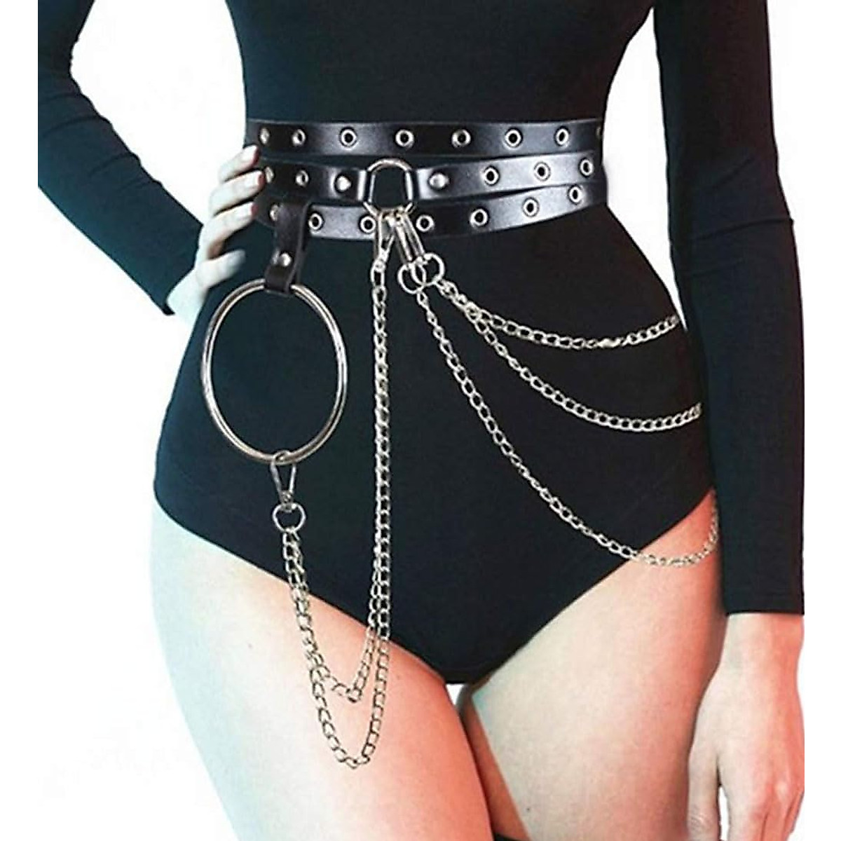 HUI GUO Women's Gothic Body Chain Belt Leather Punk Waist Belt with O-ring Metal Chain Tassel Adjustable Buckles(Black3), One Size
