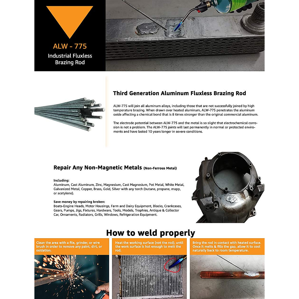 ALUMINUM FLUXLESS 5 PC.18" BRAZING RODS WELDING RODS REPAIR NON FERROUS NON MAGNETIC METAL