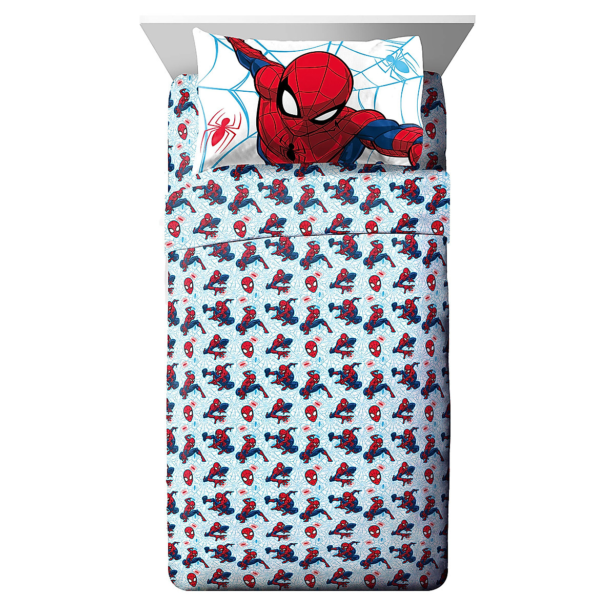Jay Franco Marvel Spiderman Webtastic 4 Piece Toddler Size Bed Set – Super Soft Microfiber Bed Set Includes Toddler Size Reversible Comforter & Sheet Set Bedding (Official Marvel Product)