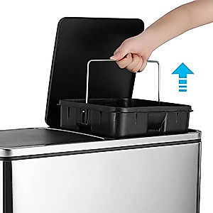 AthLike 60L(16 Gal) Dual Trash Can, Stainless Steel Kitchen Garbage Can, Double Compartment Classified Rubbish Bin, Recycle Dustbin w/Plastic Inner Buckets, Handle, Soft-Close Lid, Airtight (Silver)