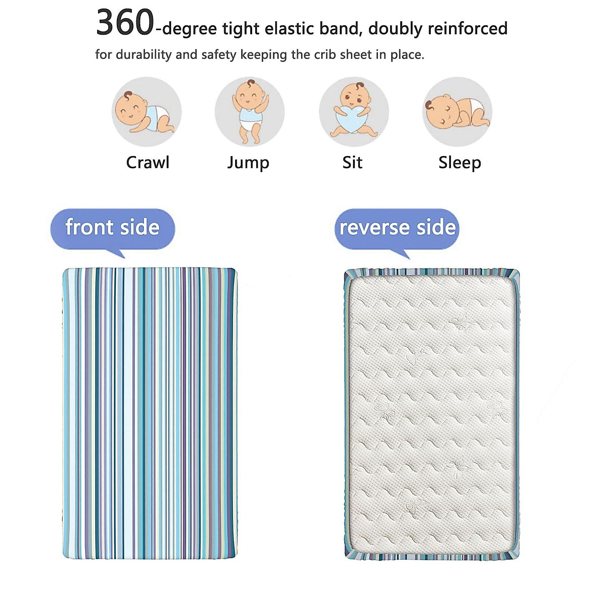 Striped Themed Fitted Mini Crib Sheets,Portable Mini Crib Sheets Soft Toddler Mattress Sheet Fitted-Crib Mattress Sheet or Toddler Bed Sheet,24“ x38“,Blue Lavender Cream