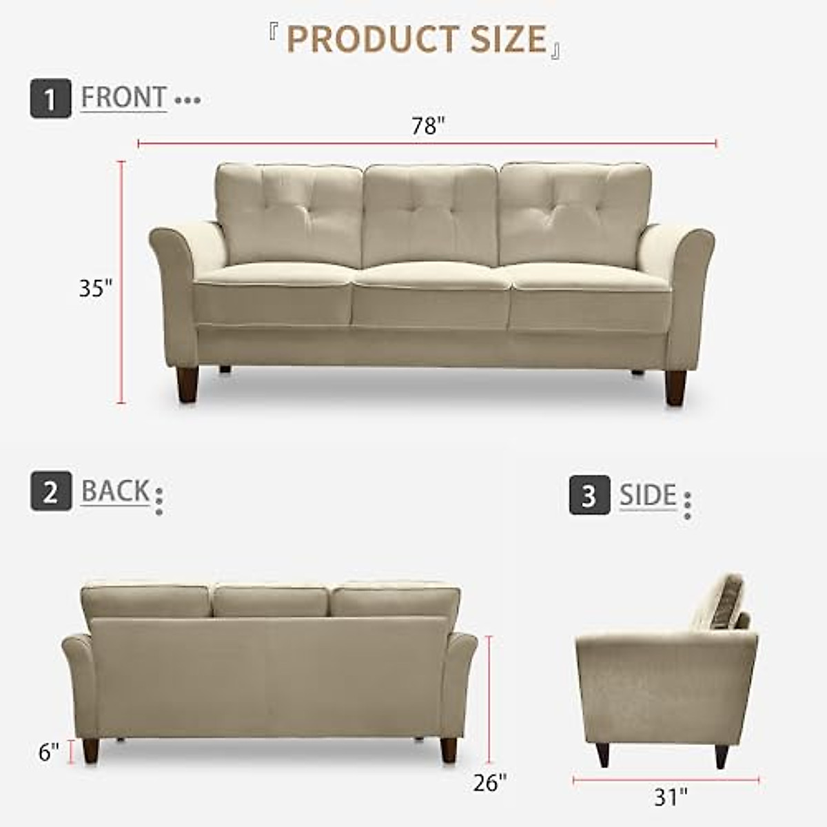 SILKIR Couches for Living Room,78 Inches Comfy Sofa Sofa for Living Room 3 Person Couch for Living Room,Office,and Apartment,Beige