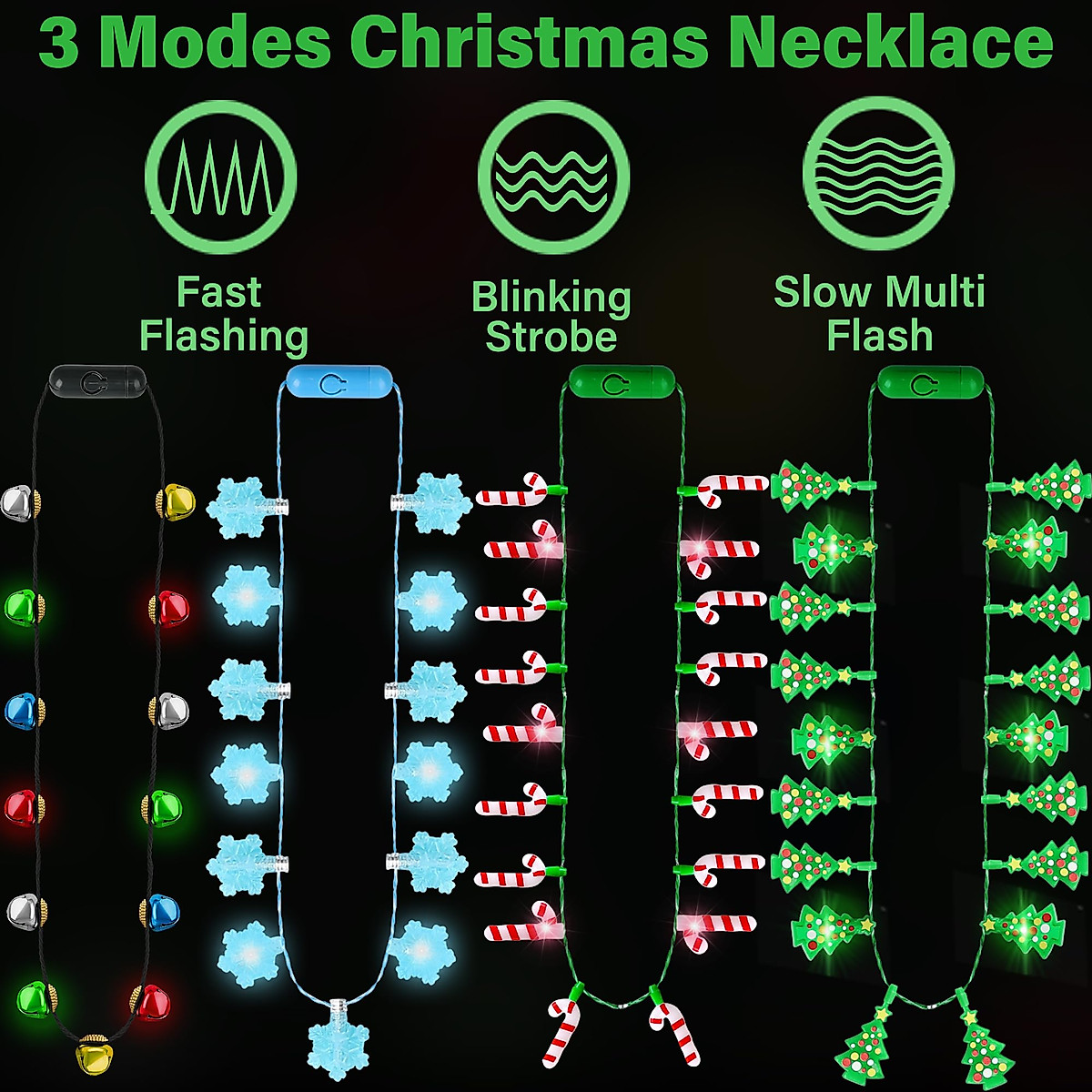 Light up Christmas Necklace, 4PCS Christmas Necklace Glow Party Accessories, Flashing Candy Cane Xmas Tree Snowflake Bell 4 Kinds of Necklaces, Christmas Necklaces for Ugly Xmas New Year Party Favors