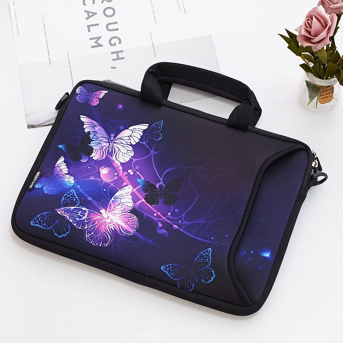RICHEN 14 15 15.4 15.6 inch Laptop Shoulder Bag Notebook Handle Sleeve Neoprene Soft Carrying Travel Case with Accessories Pocket (14-15.6 inch, Butterflies)