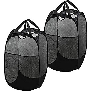 2 Pack - SimpleHouseware Mesh Pop-Up Laundry Hamper Basket with Side Pocket, Black