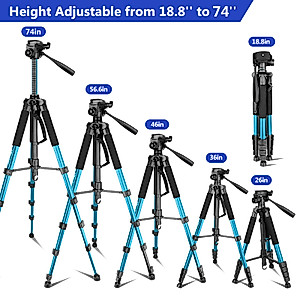 Aureday 74’’ Camera Tripod with Travel Bag,Cell Phone Tripod with Wireless Remote and Phone Holder, Compatible with DSLR Cameras,Cell Phones,Projector,Webcam,Spotting Scopes(Blue)
